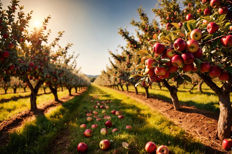 Apple Orchard with Fruit Trees in Countryside Farm Stock Illustration ...
