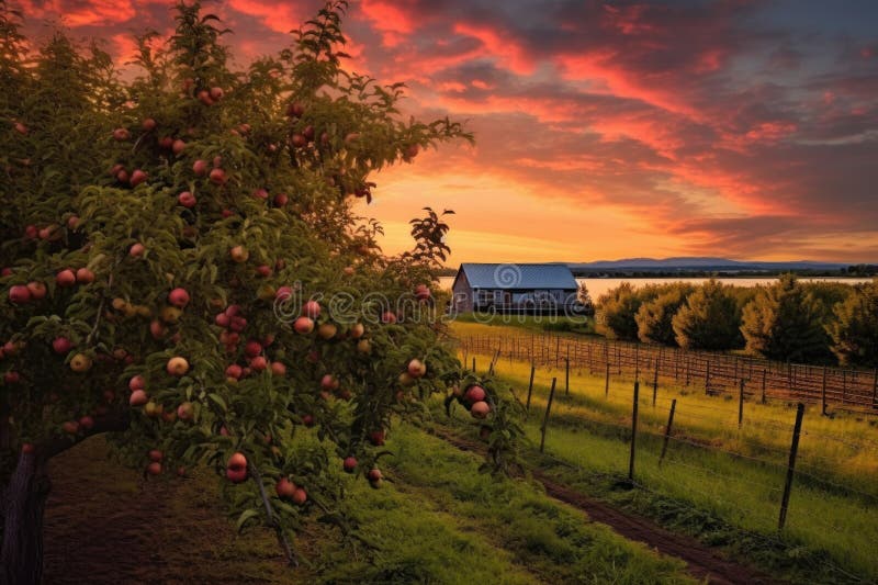 Apple Orchard Landscape during Sunset Stock Illustration - Illustration ...