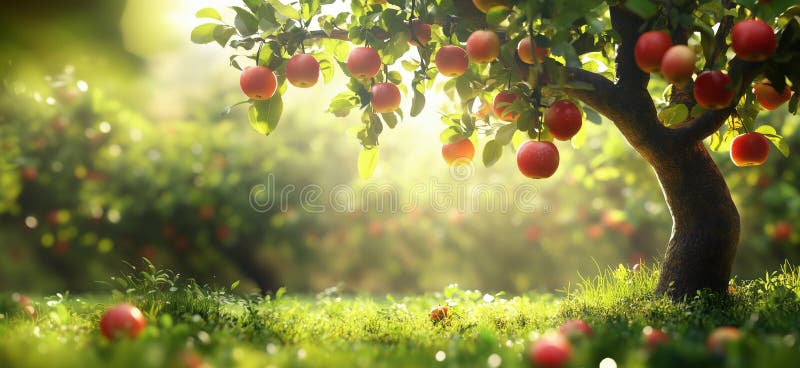 Apple Orchard with Ripe Red Apples Hanging from Branches in Soft ...