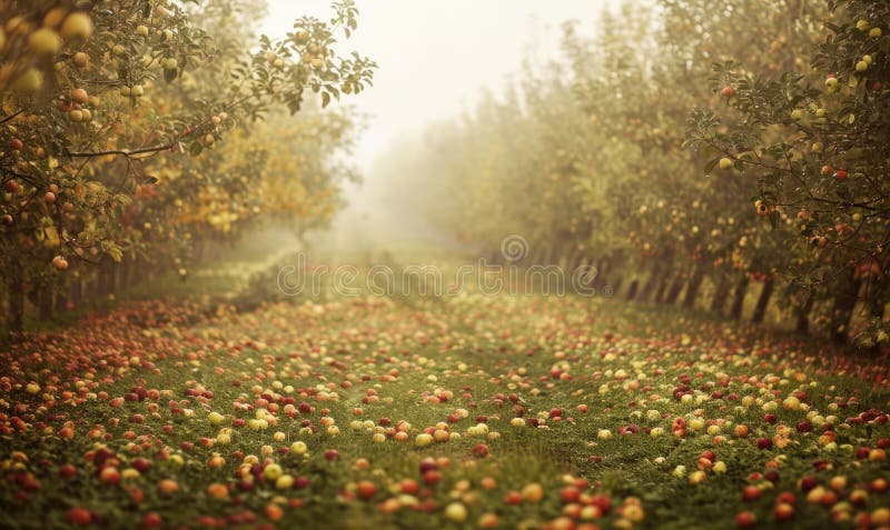 Apple Orchard with Rows of Apple Trees Fallen Apples on the Ground ...