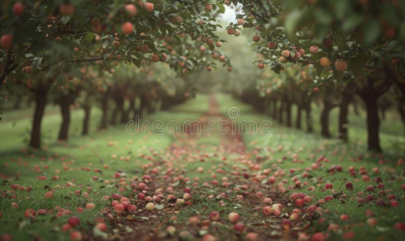 Apple Orchard with Rows of Apple Trees Fallen Apples on the Ground ...