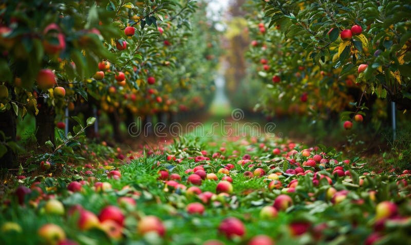 Apple Orchard with Rows of Apple Trees Fallen Apples on the Ground ...