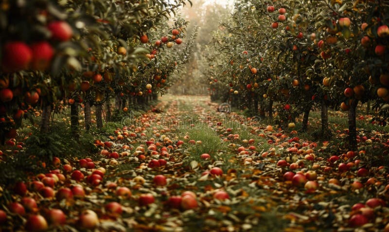 Apple Orchard with Rows of Apple Trees Fallen Apples on the Ground ...