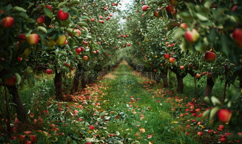 Apple Orchard with Rows of Apple Trees Fallen Apples on the Ground ...