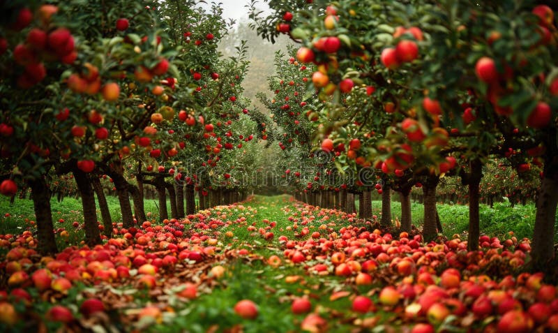 Apple Orchard with Rows of Apple Trees Fallen Apples on the Ground ...