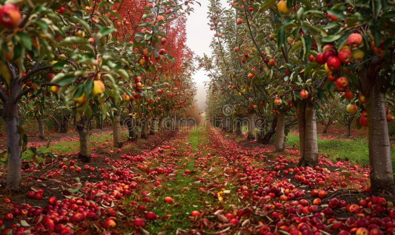 Apple Orchard with Rows of Apple Trees Fallen Apples on the Ground ...