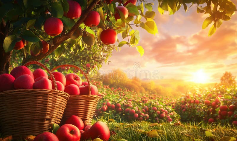 Apple Orchard at Sunset with Baskets of Fresh Red Apples and Vibrant ...