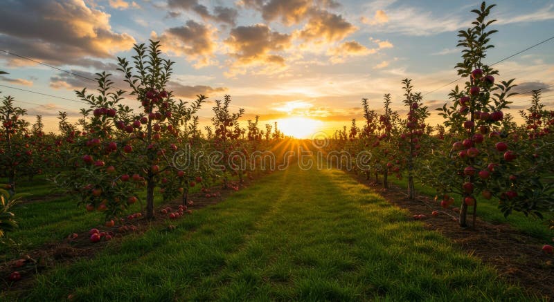 Apple Orchard Sunset Landscape Stock Illustration - Illustration of ...
