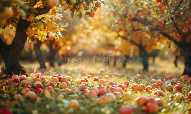Apple Orchard with Trees Full of Autumn Apples Fallen Apples on the ...