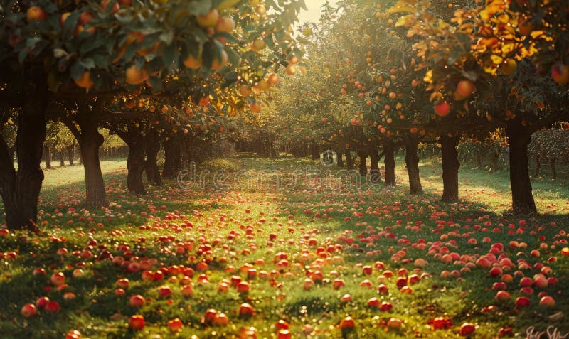Apple Orchard with Trees Full of Autumn Apples Fallen Apples on the ...