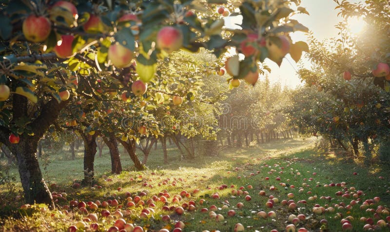 Apple Orchard with Trees Full of Autumn Apples Fallen Apples on the ...