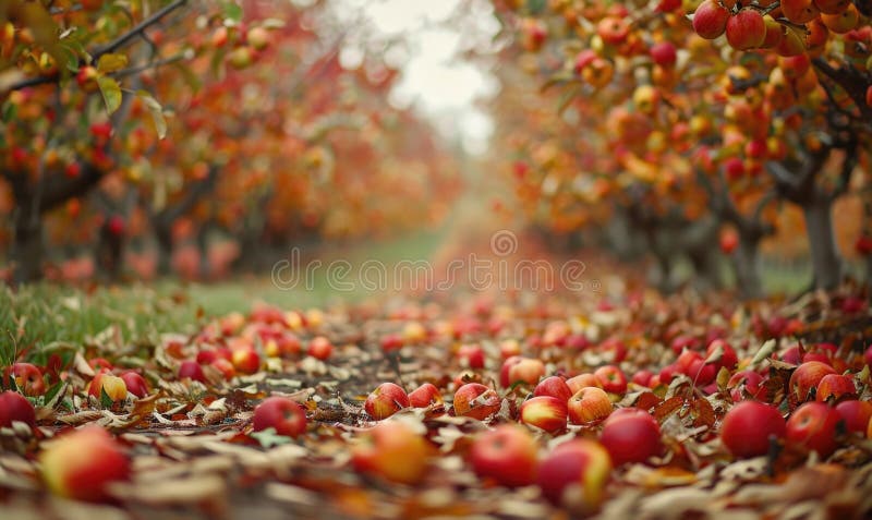 Apple Orchard with Trees Full of Autumn Apples Fallen Apples on the ...