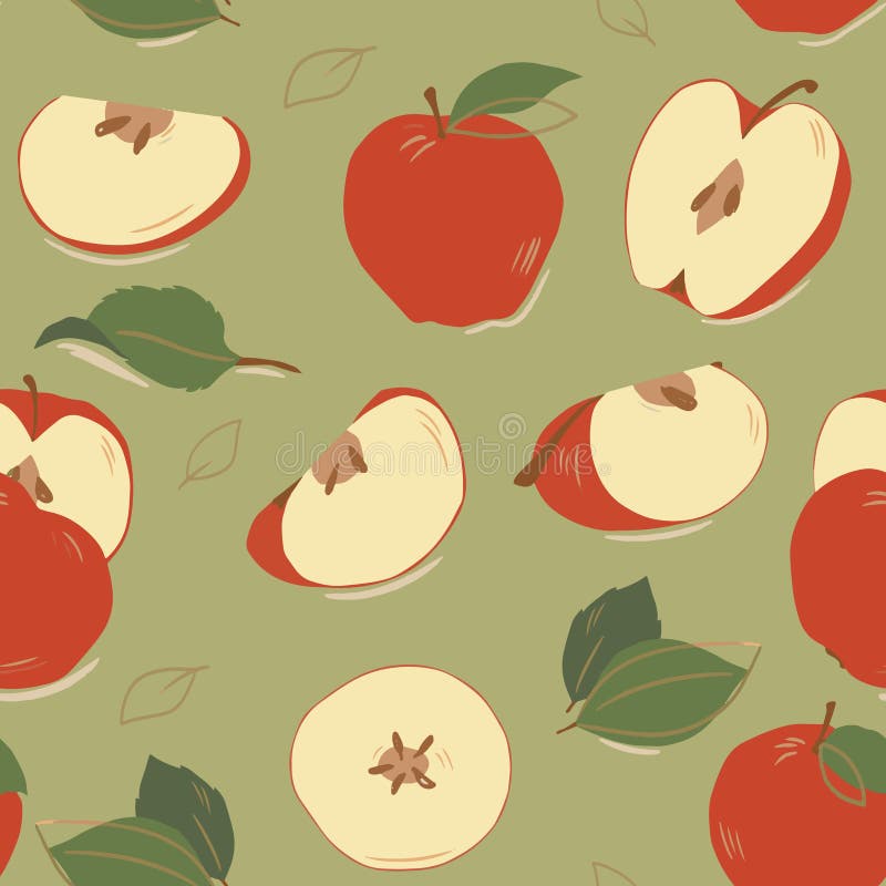 Seamless Apple Pattern On A Green Background Stock Vector