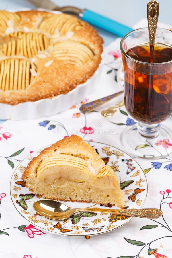 Apple pie with cup of tea stock photo. Image of home - 59186294