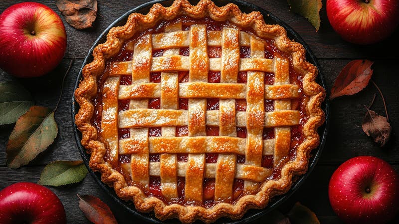 Apple Pie Decorated with Lattice Overhead Shot, Fall Baking Concept ...