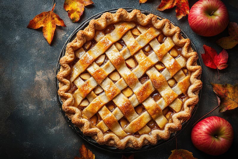 Apple Pie Decorated with Lattice Overhead Shot, Fall Baking Concept ...