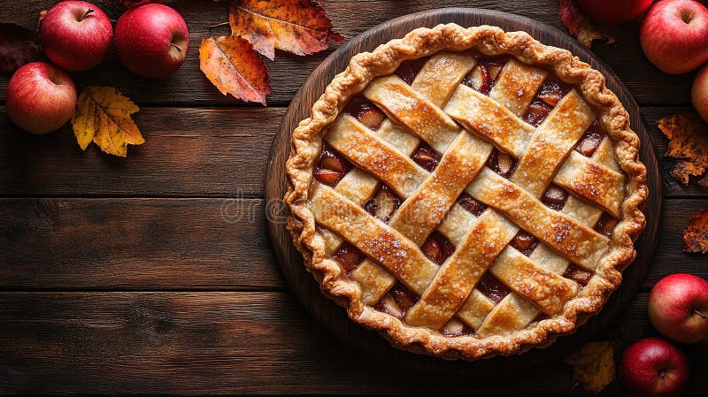 Apple Pie Decorated with Lattice Overhead Shot, Fall Baking Concept ...