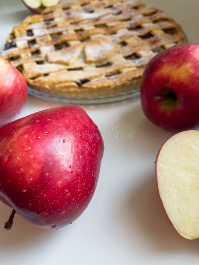 Apple Pie and Red Apples on the Table, Close Up Stock Photo - Image of ...