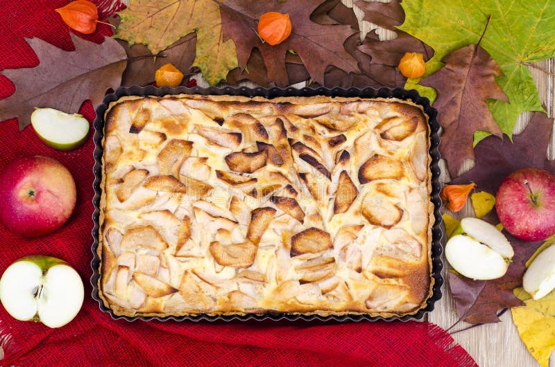Apple Pie in a Rectangular Metal Form with Slices of Apples Stock Image ...