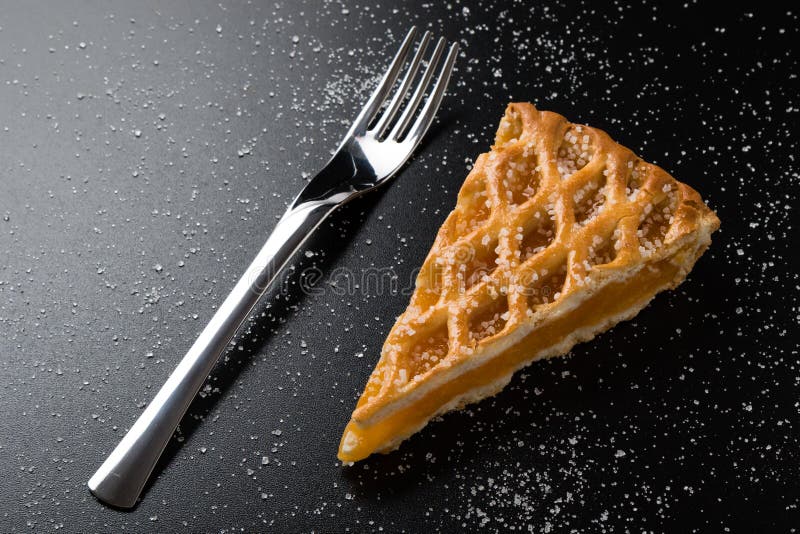 Apple Pie Slice on Black Table with Fork Stock Photo - Image of sugar ...
