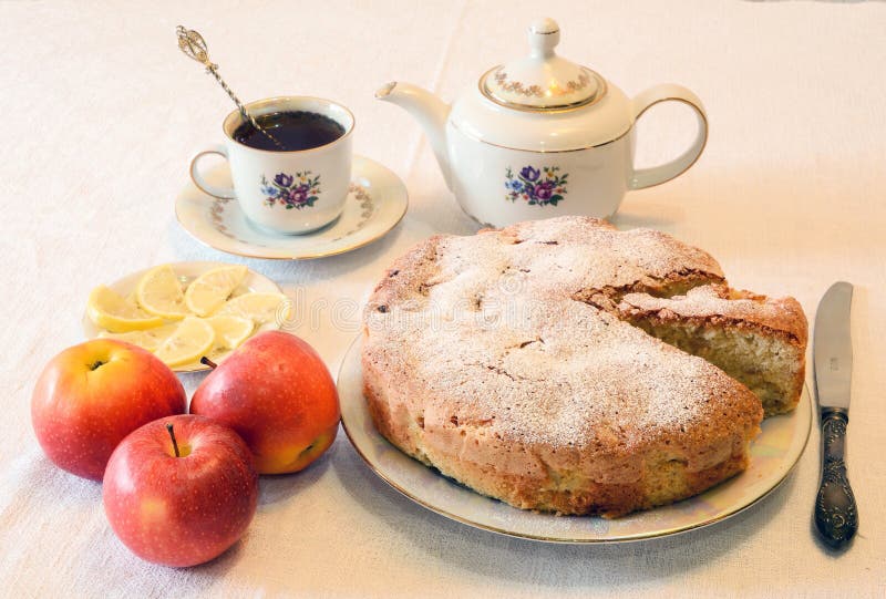 Apple pie with tea stock photo. Image of food, sweets - 44933548