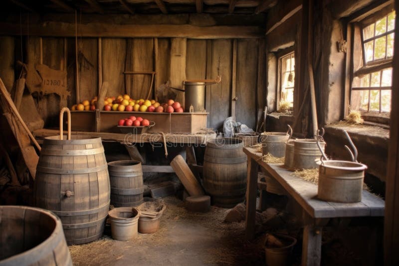 Apple Press and Cider-making Equipment in a Rustic Barn Setting Stock ...