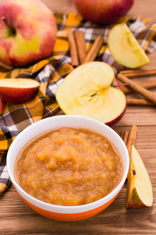 Apple Puree, Apples and Cinnamon on a Wooden Table Stock Image - Image ...