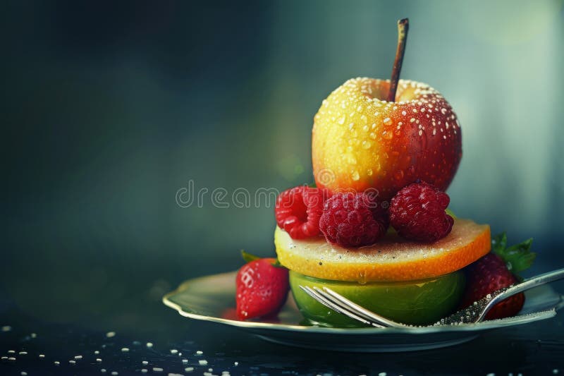 Apple and Raspberries Lie on Slices of Apple and Orange on a Plate ...