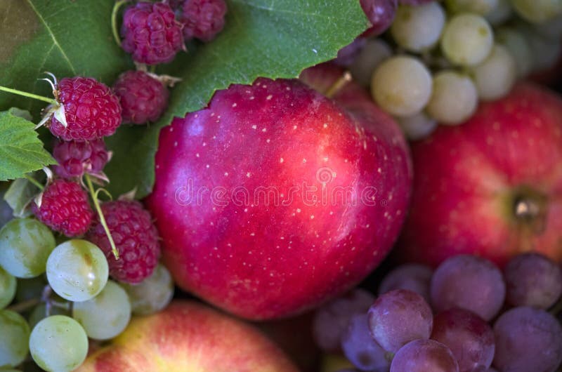 Apple, Raspberry, Grapes Close Up Stock Image - Image of grapes ...