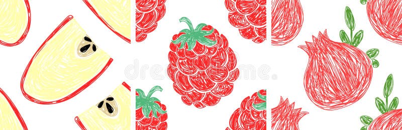 Apple, Raspberry and Pomegranate Fruit Sketch. Seamless Pattern Set ...