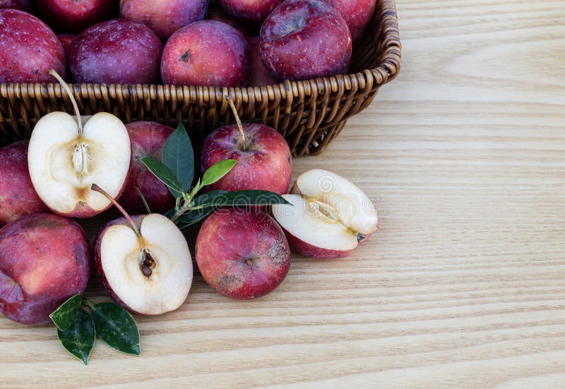 Apple in Rattan Basket on Wooden Floor Stock Image - Image of garden ...