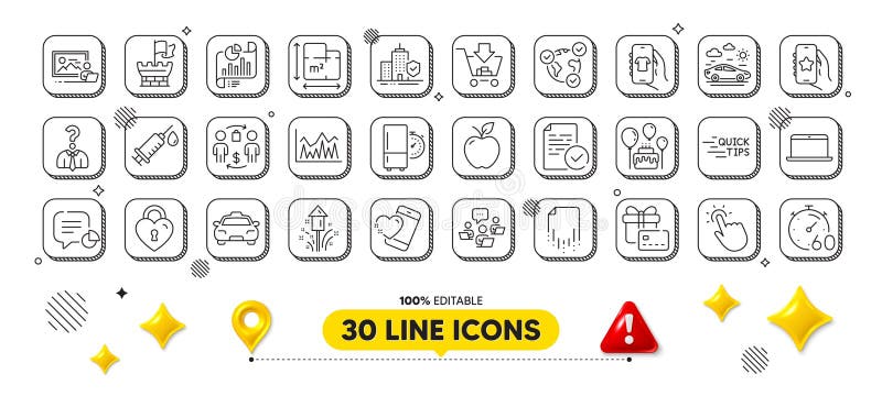 Apple, Report Document and Shield Line Icons Pack. for Web App. 3d ...