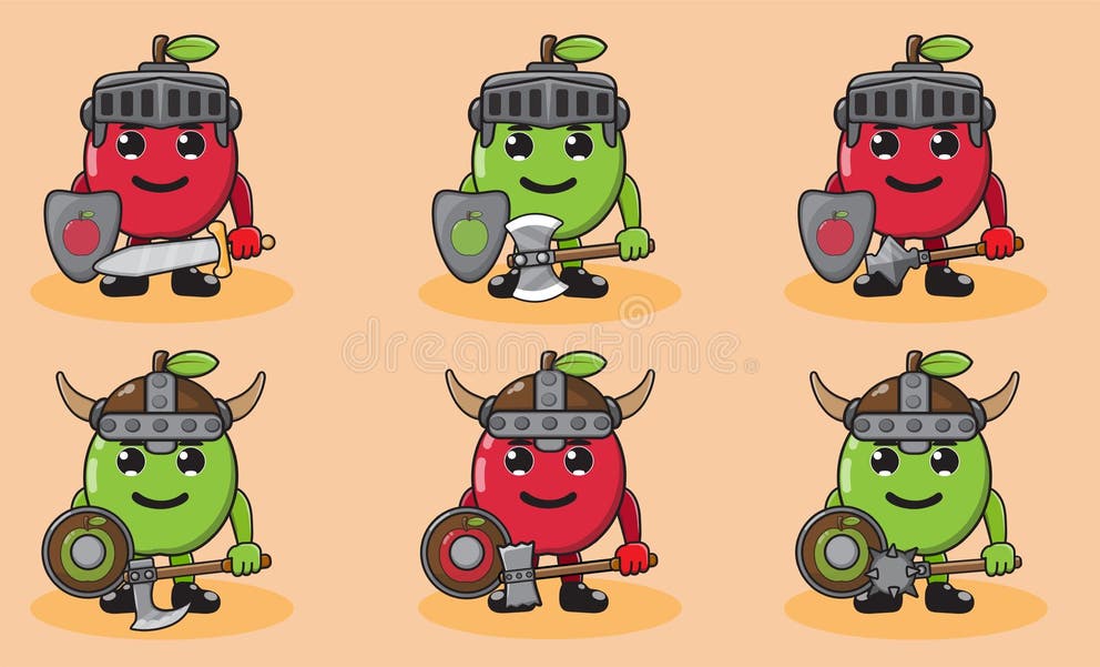 Cute Cartoon Apple Knight Set with Shield Hand Down Pose. Stock Vector ...