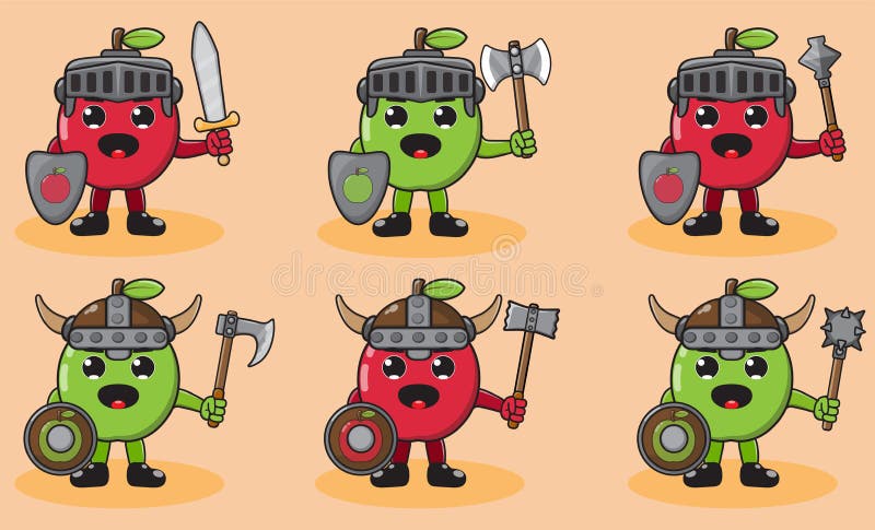 Cute Cartoon of Apple Knight Set Hand Up Stock Vector - Illustration of ...