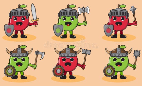 Cute Cartoon of Apple Knight Set Hand Up Stock Vector - Illustration of ...