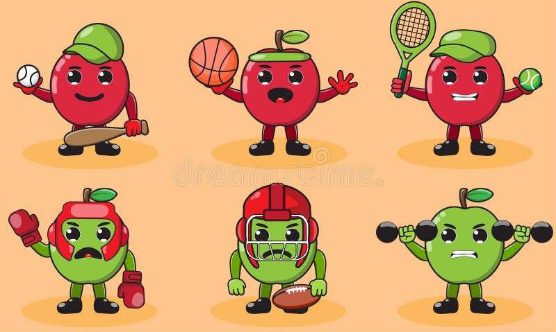 Cartoon Character of Cute Apple Doing Sport Set. Stock Vector ...