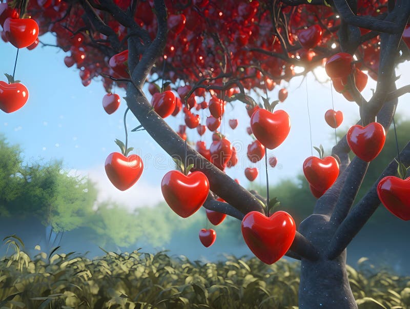 Apple-shaped Red Hearts Hanging on Tree Branches. Heart As a Symbol of ...
