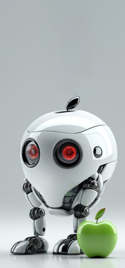 Apple Shaped Robot with Small Green Apple. Vertical Banner with Copy ...