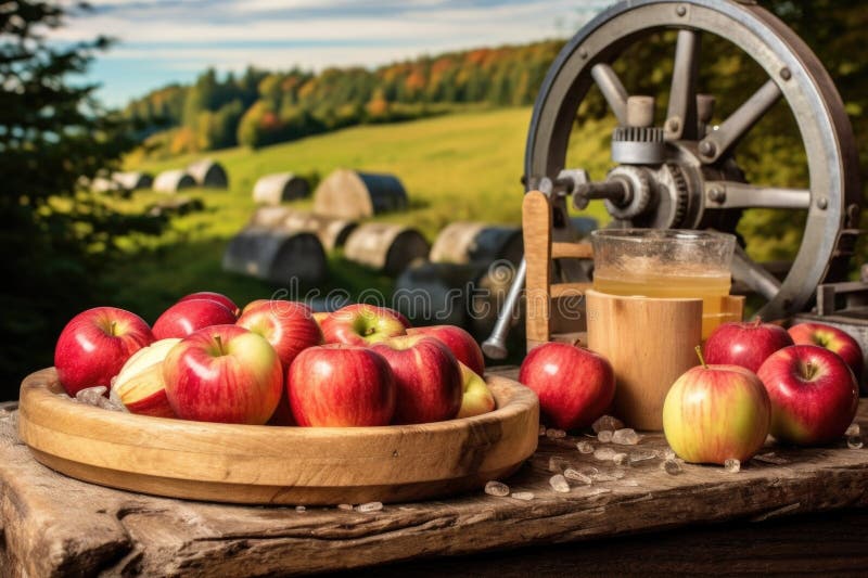 Apple Slices on a Board with a Cider Press in Background Stock ...