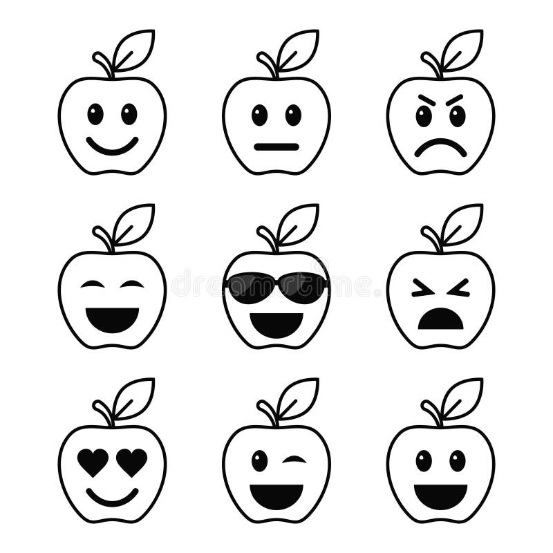 Apple Smiley Faces Set Outline Icon. Vector Different Mood Symbol Stock ...