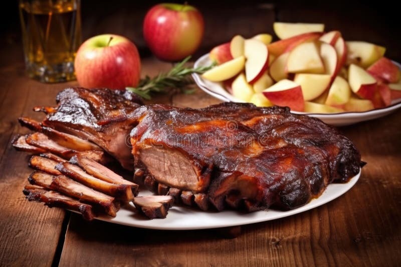 Apple-smoked Ribs Ready for Serving on a Wooden Table Stock ...