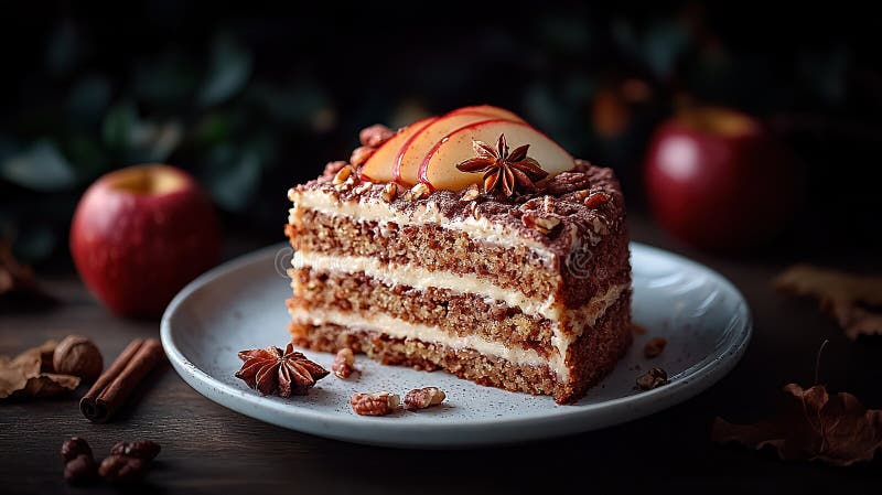 Apple Spice Cake Slice on Plate, Autumn Setting Stock Illustration ...