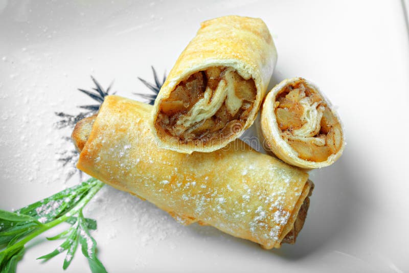 Apple spring rolls closeup stock image. Image of rolls - 46763363