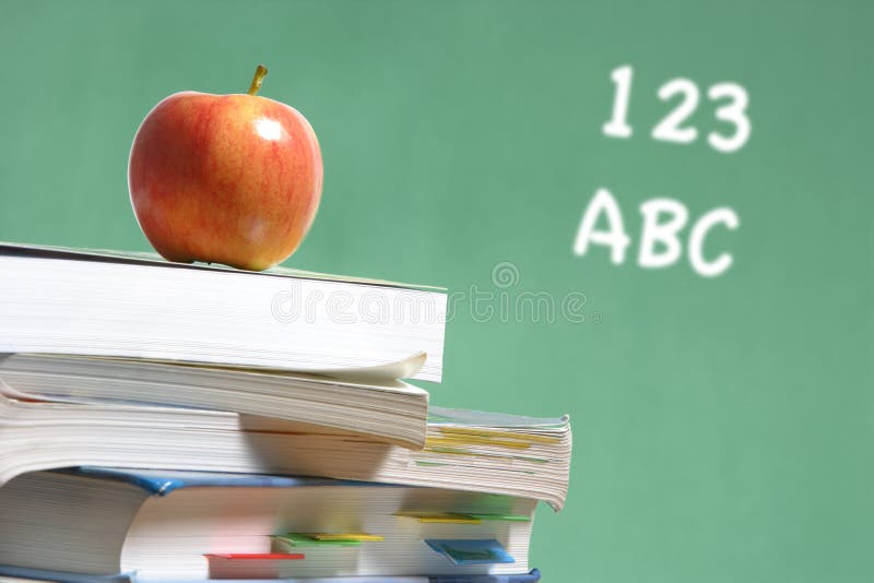 Apple on Stack of Books in Classroom Stock Image - Image of educated ...