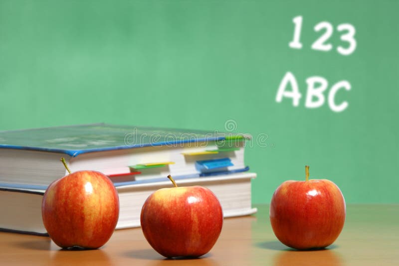 Apple on Stack of Books in Classroom Stock Photo - Image of learn ...