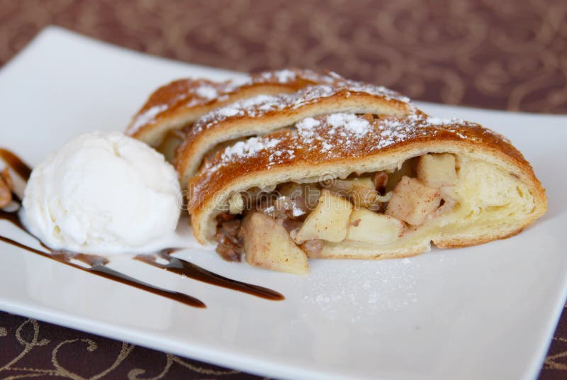 Apple Strudel with an Ice Cream Stock Photo - Image of powder, drink ...