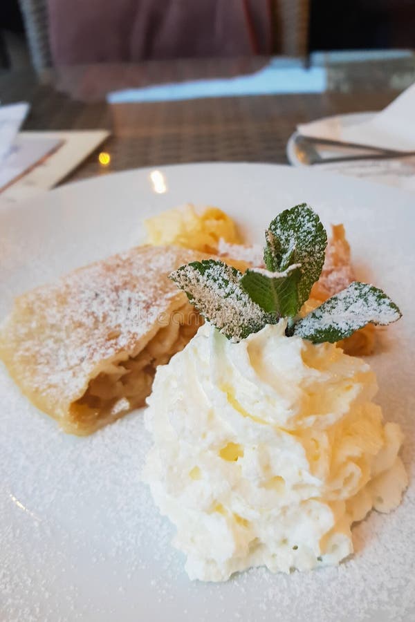 Apple Strudel with Ice Cream and Whipped Cream Stock Photo - Image of ...
