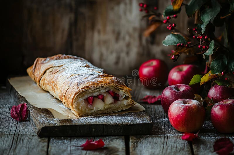 Apple Strudel on the Wooden Table with Apples Stock Illustration ...
