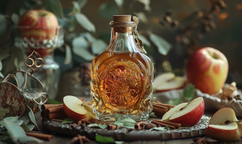 Apple Syrup in a Bottle with a Wooden Stopper on a Rustic Table Stock ...