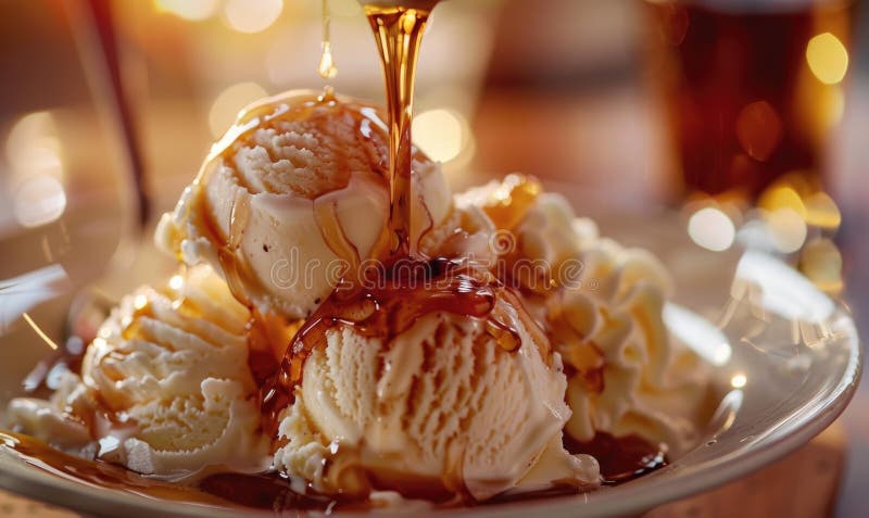 Apple Syrup Drizzled Over Ice Cream Stock Photo - Image of sauce ...